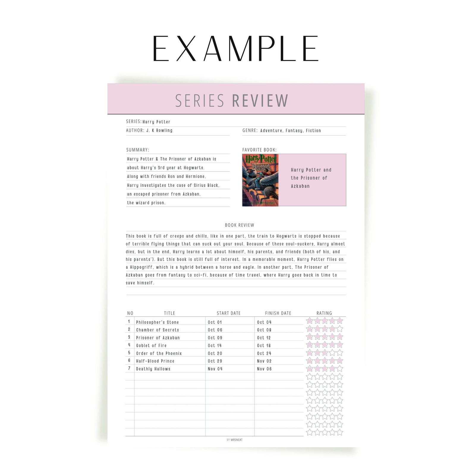 FILLABLE Book Series Review Template, PRINTABLE: 2 Versions, 5 Colors ...