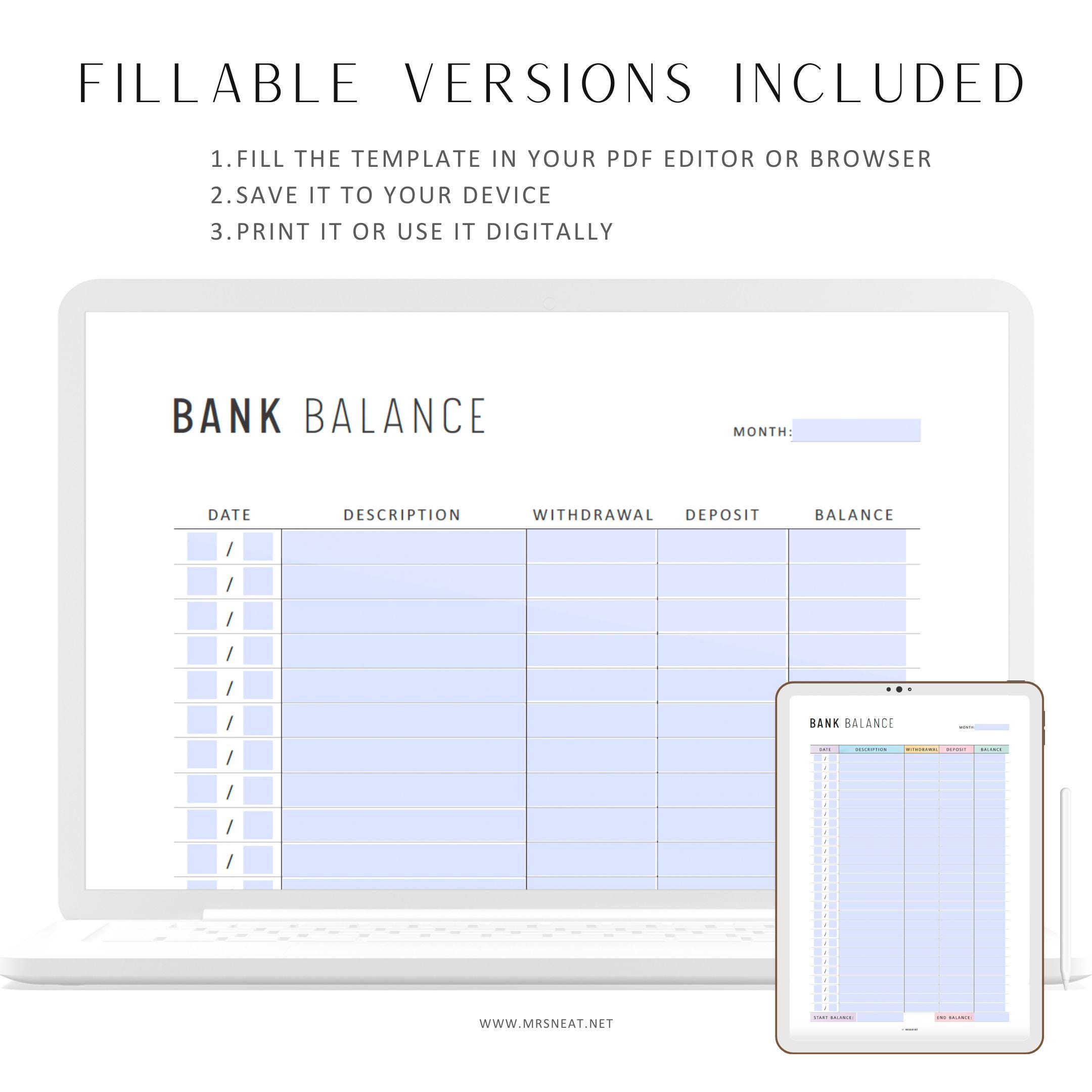 Bank Balance Sheet PRINTABLE, Savings Tracker, Banking Record, Finance ...