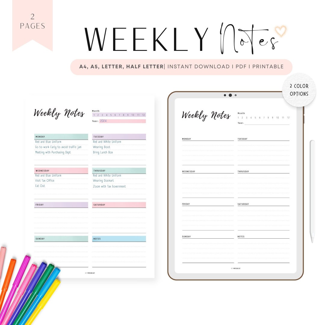 Fillable Weekly Notes Template Printable, Weekly Planner, Weekly ...