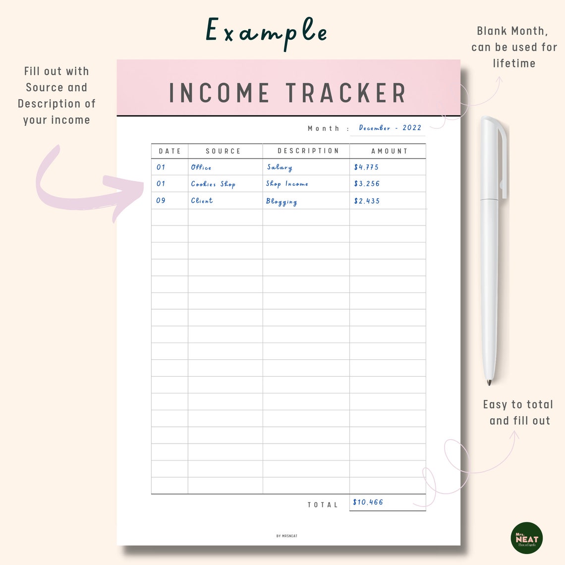 FILLABLE Income Tracker Printable: A4, A5, US Letter, 7 Colors (PDF) - Etsy