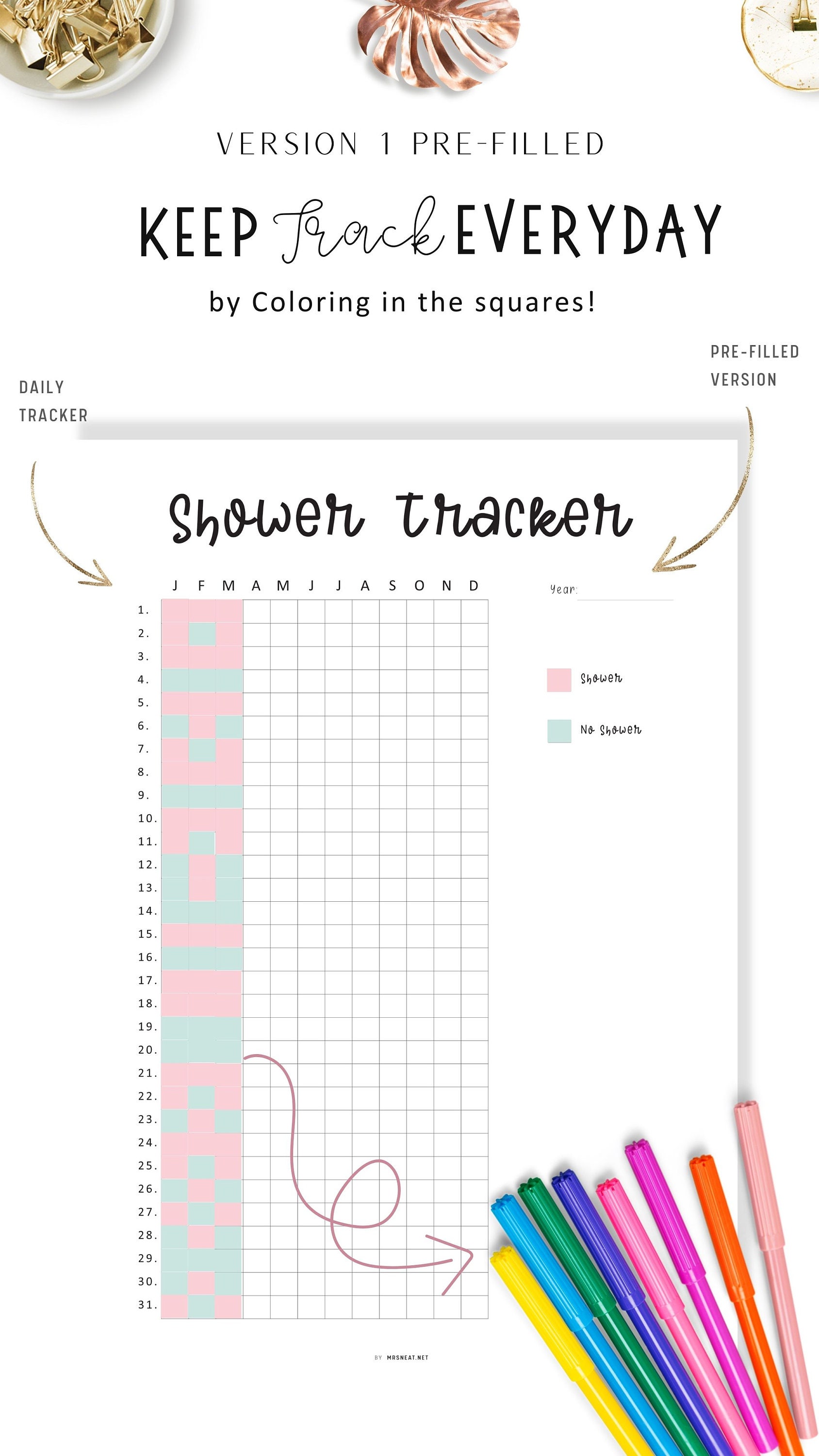 One Year Shower Tracker Template, Daily Shower Tracker, Bath Log ...