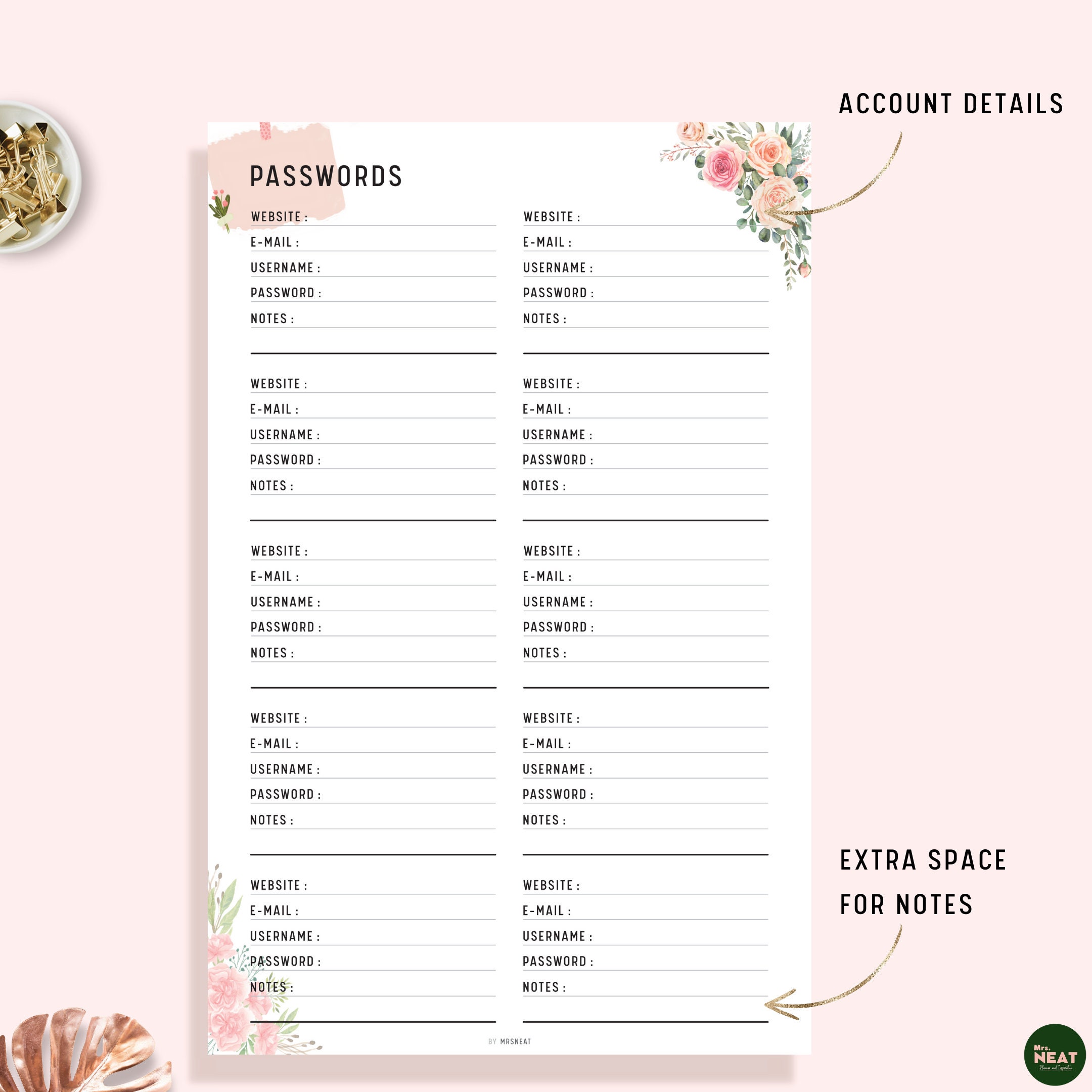 Floral Password Tracker Printable, Fillable Password Log, Password ...