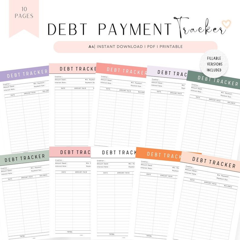 FILLABLE Debt Payment Tracker PRINTABLE: A4, 10 Colors (PDF) - Etsy