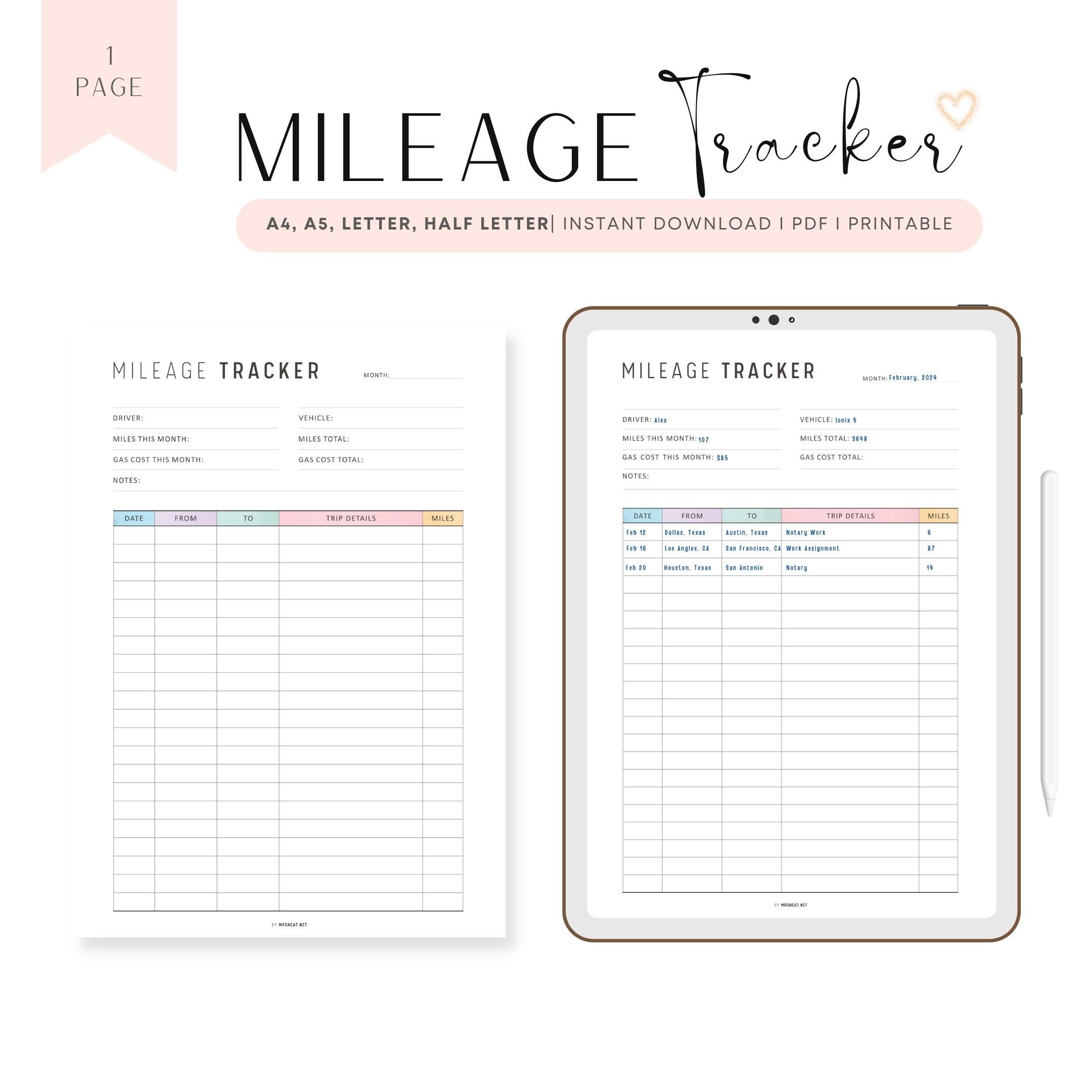 Mileage Tracker Printable, Mileage Log Template, Colorful Page ...