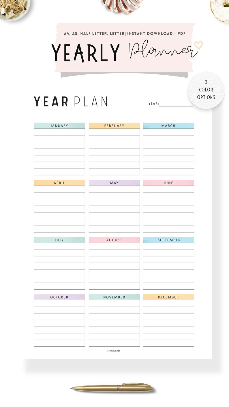 Printable Yearly Planner, Fillable Yearly Overview on One Page, Year at ...