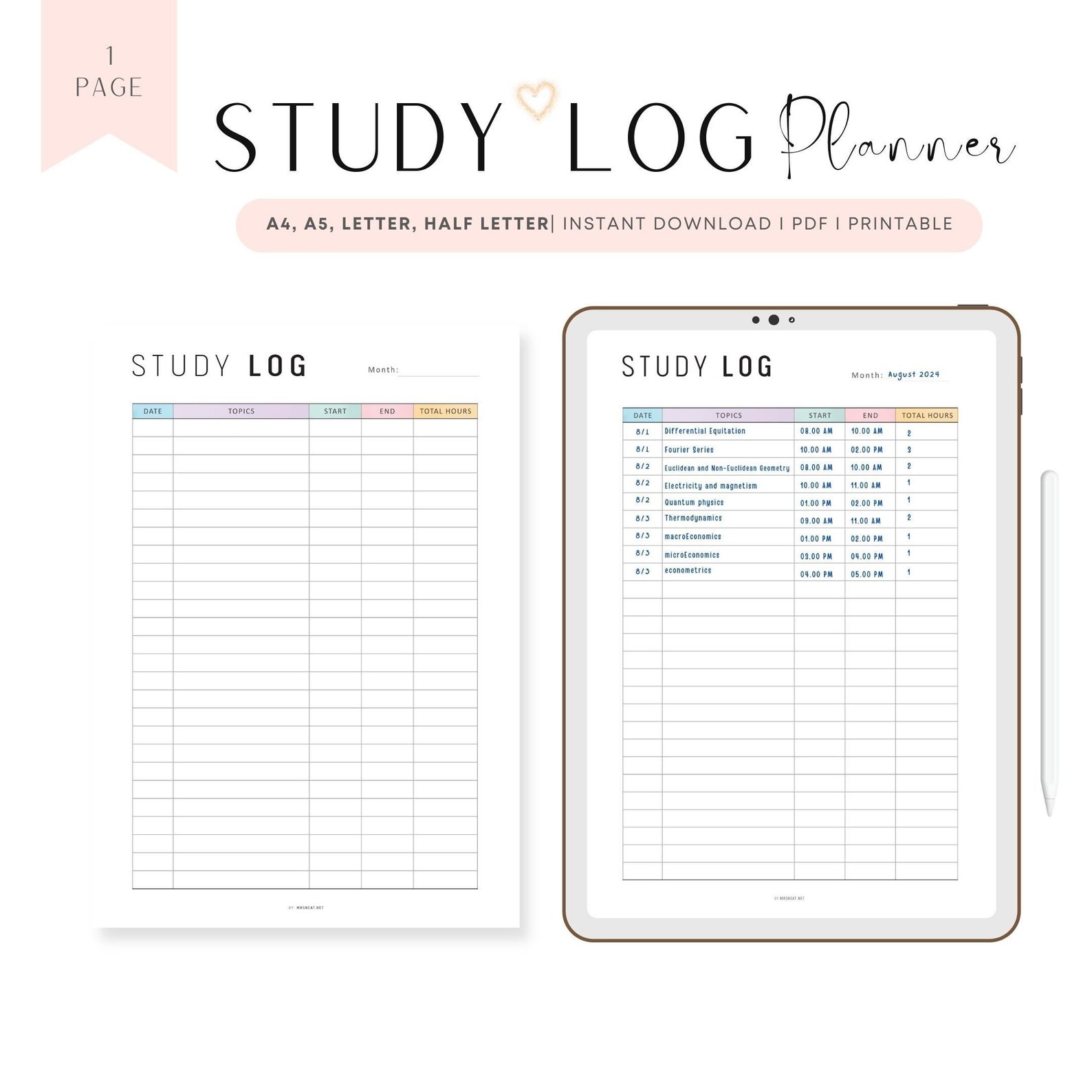 Study Log Printable, Monthly Study Tracker, Study Log Tracker, Fillable ...
