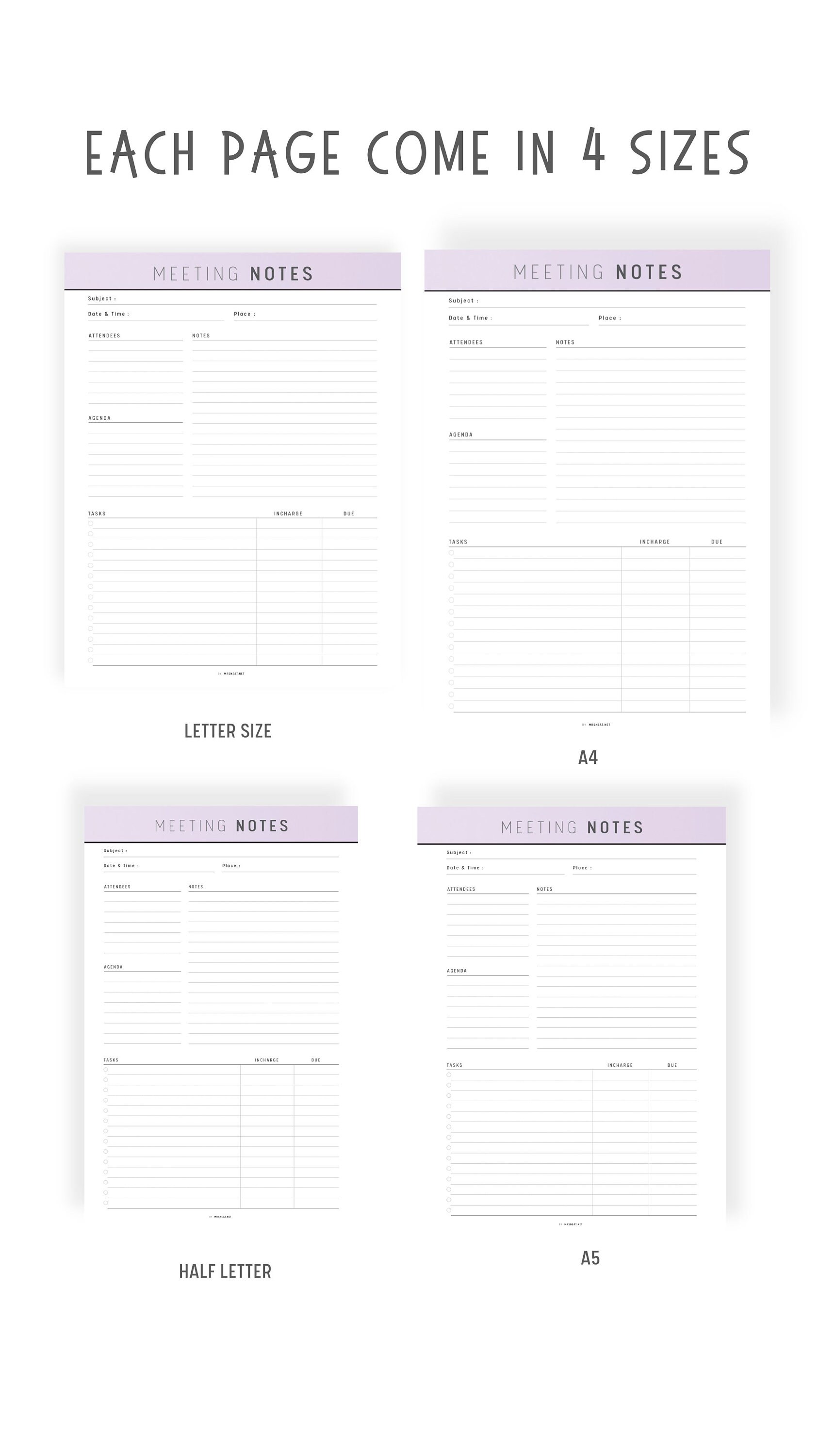 Printable Meeting Notes Template, Meeting Notes Page, PDF, A4, A5 ...