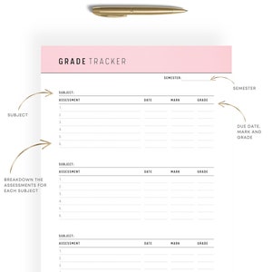 PRINTABLE Grade Tracker Template: FILLABLE Student Planner (PDF), 6 ...