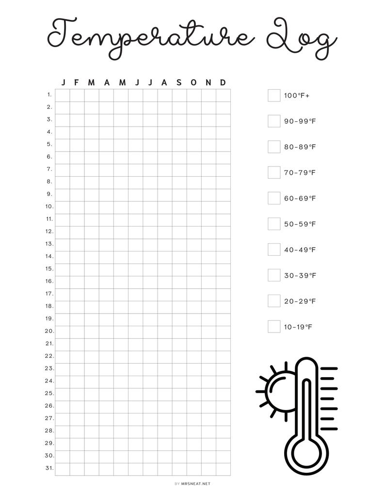Temperature Log Printable, Temperature Tracker, Weather Tracker ...