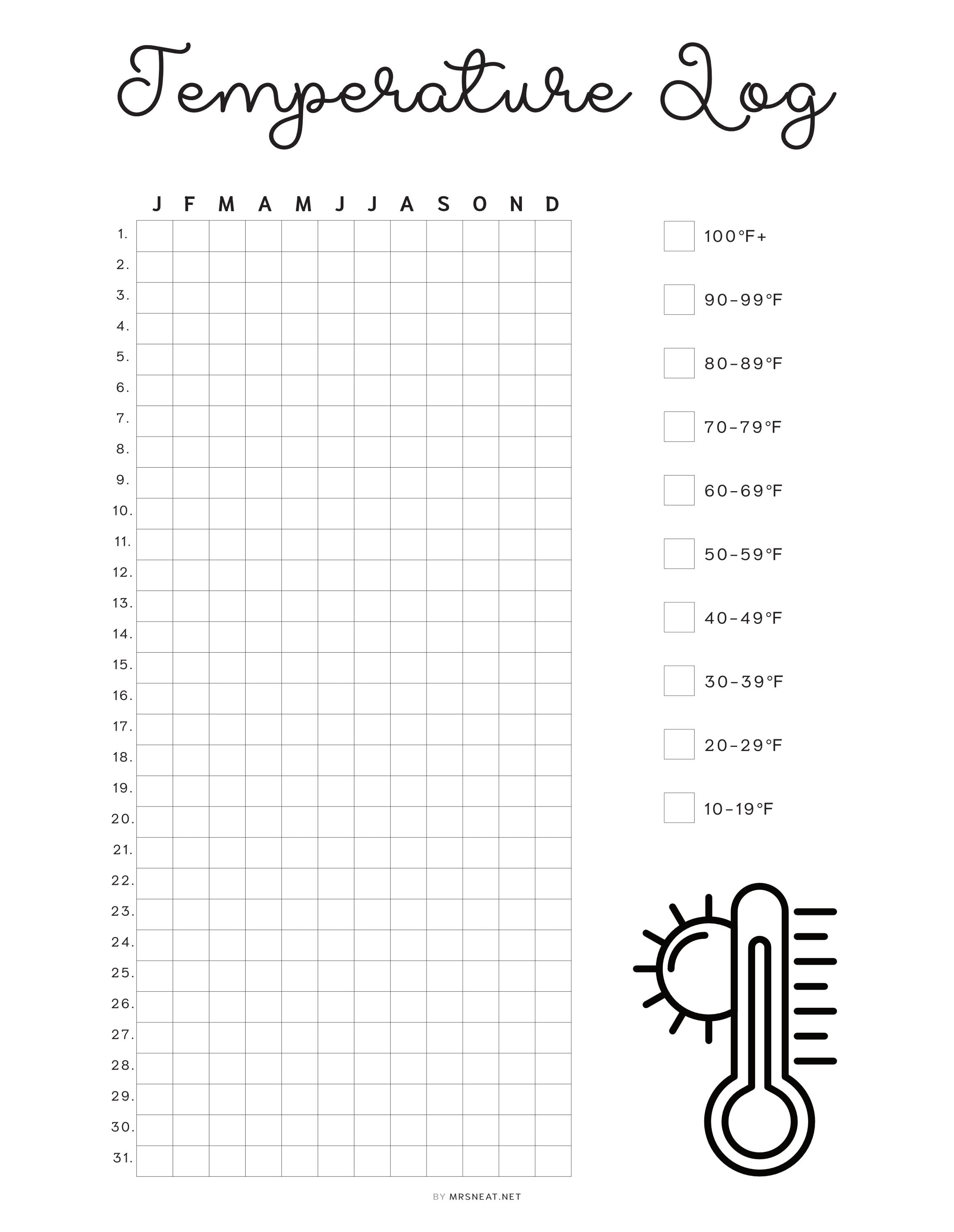 Temperature Log Printable, Temperature Tracker, Weather Tracker ...
