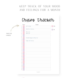 Crying Tracker Template Printable, Crying Log Tracker, Mood Tracker ...