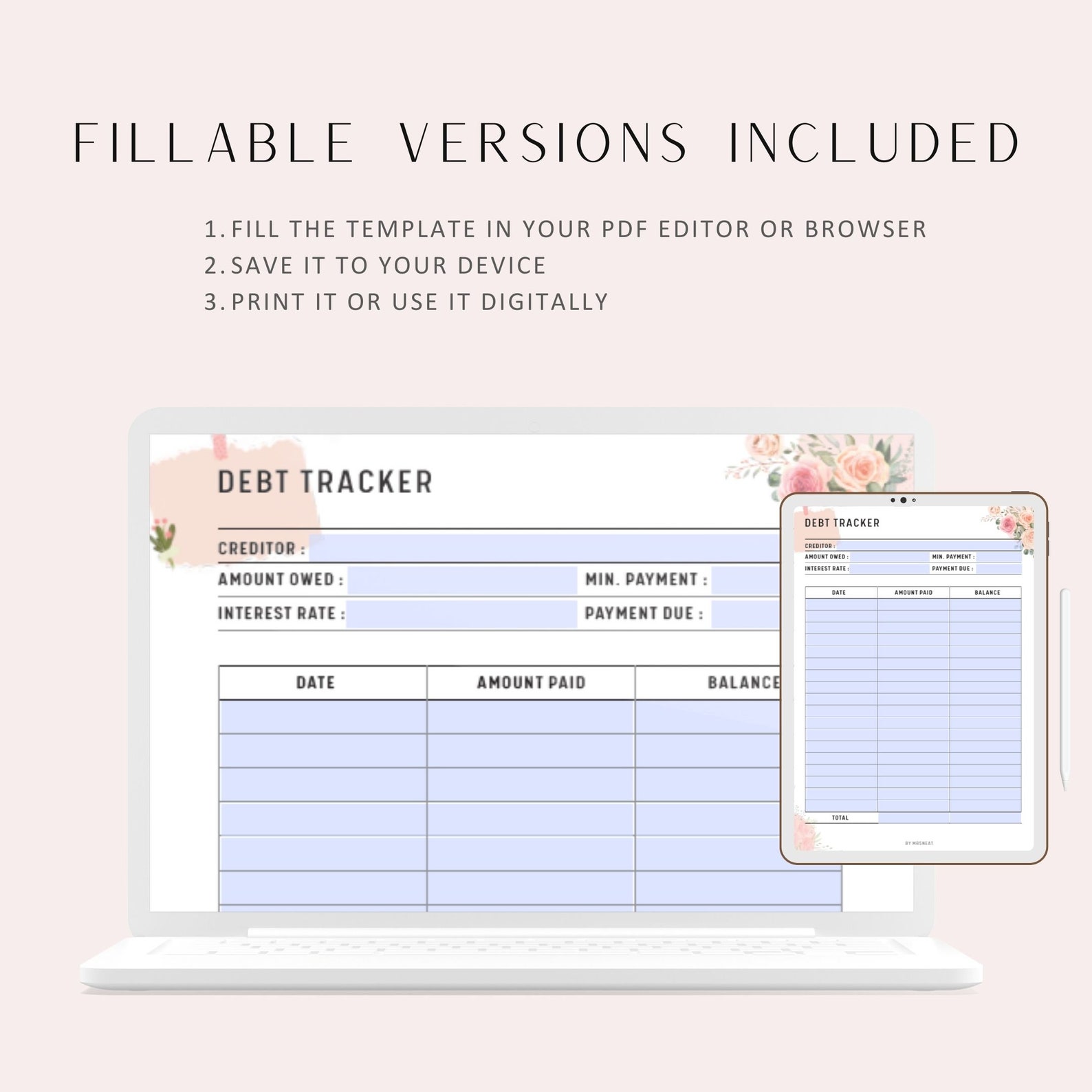 Floral Debt Payment Tracker Printable, Debt Tracker Printable, Debt ...