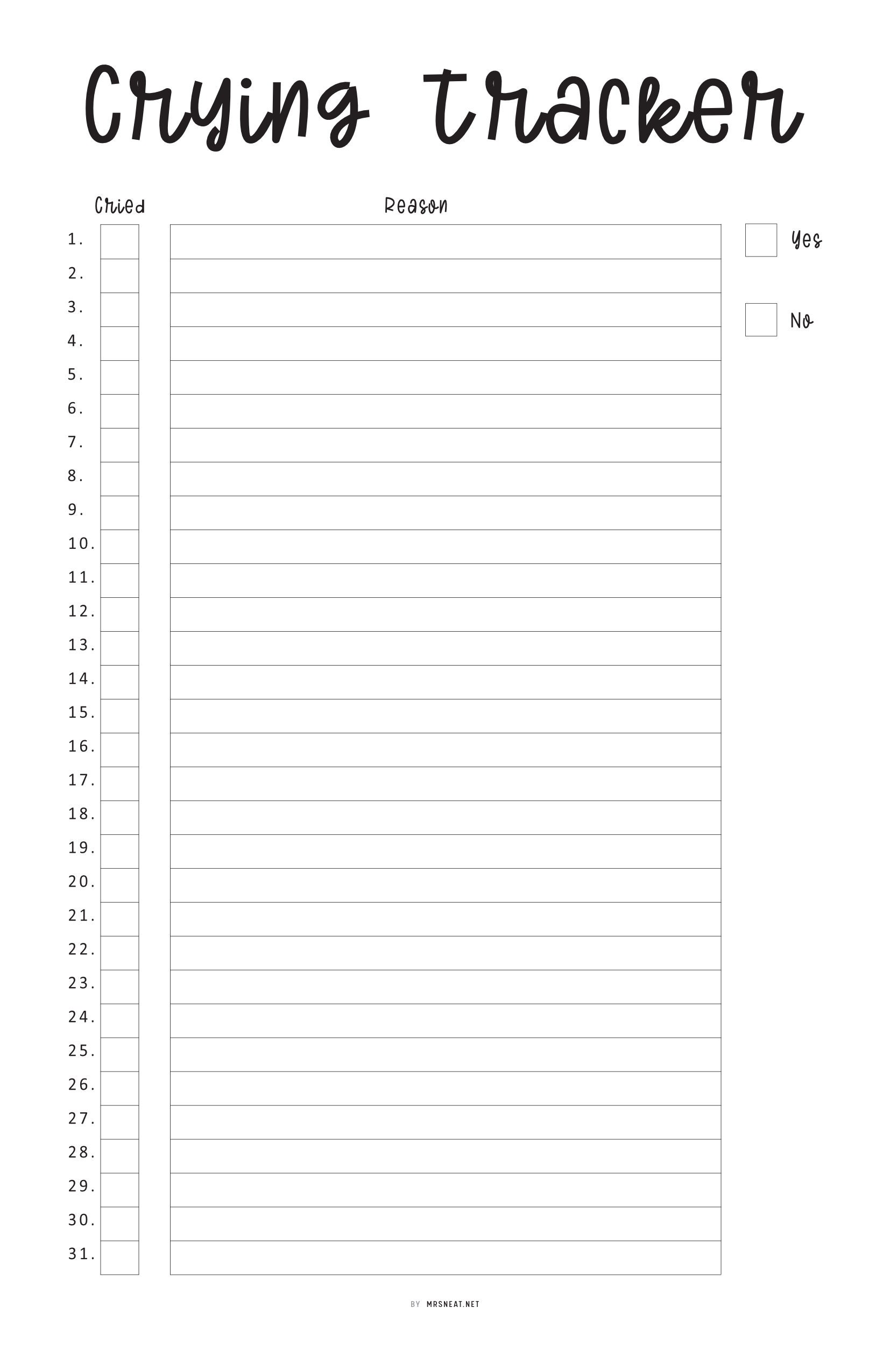 Crying Tracker Template Printable, Crying Log Tracker, Mood Tracker ...