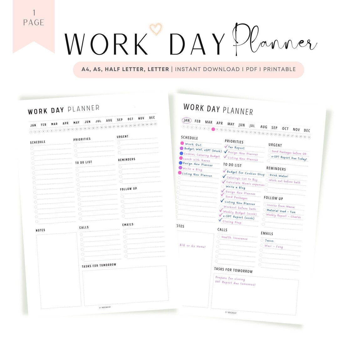 FILLABLE Work Day Planner PRINTABLE: Daily Organizer, A4 A5 Letter (PDF ...