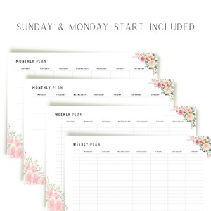 Undated Editable Monthly Planner Printable Landscape, Floral Theme ...