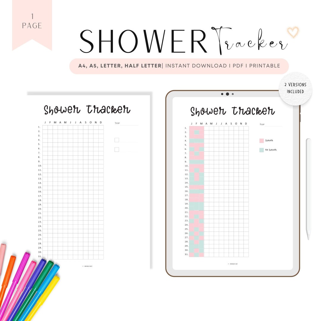 One Year Shower Tracker Template, Daily Shower Tracker, Bath Log Template, PDF, 2 Versions, A4 ...