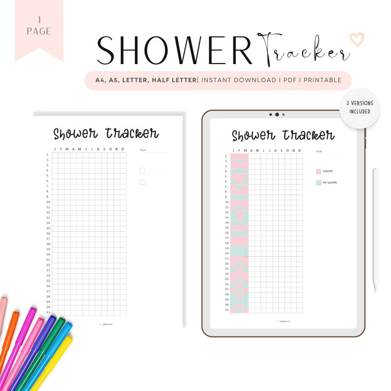 One Year Shower Tracker Template, Daily Shower Tracker, Bath Log ...
