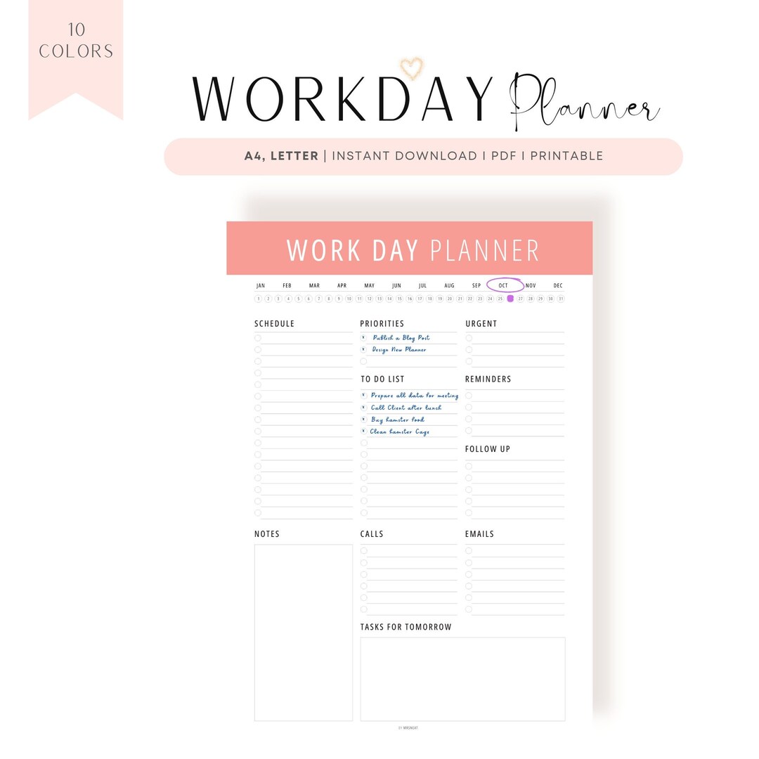 Printable Work Day Planner Template, Fillable Work Day Planner, Work ...