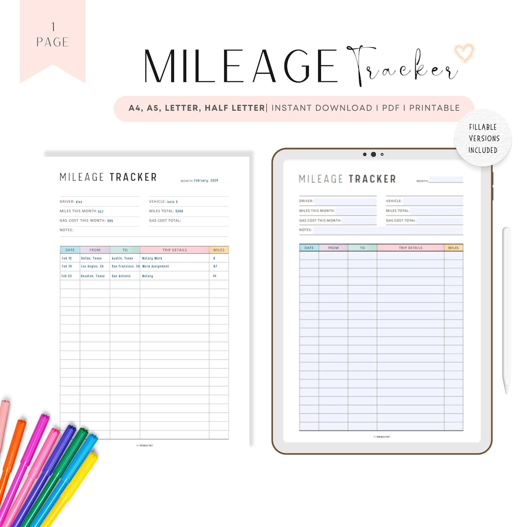 Mileage Tracker Printable, Mileage Log Template, Colorful Page ...