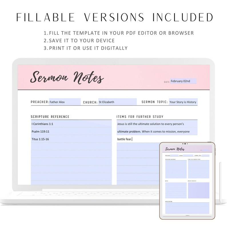 PRINTABLE Sermon Notes Template: FILLABLE PDF, 6 Colors (A4, A5, Letter ...