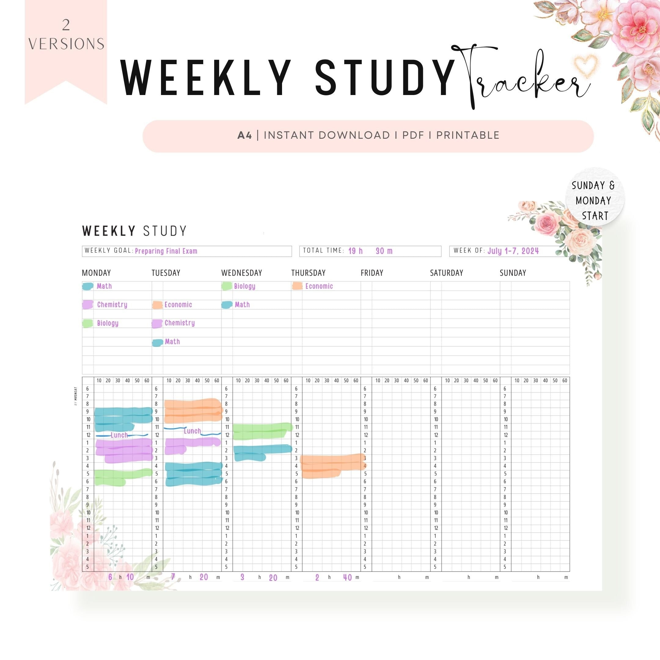 Weekly Study Planner Template Study Tracker Printable Floral - Etsy