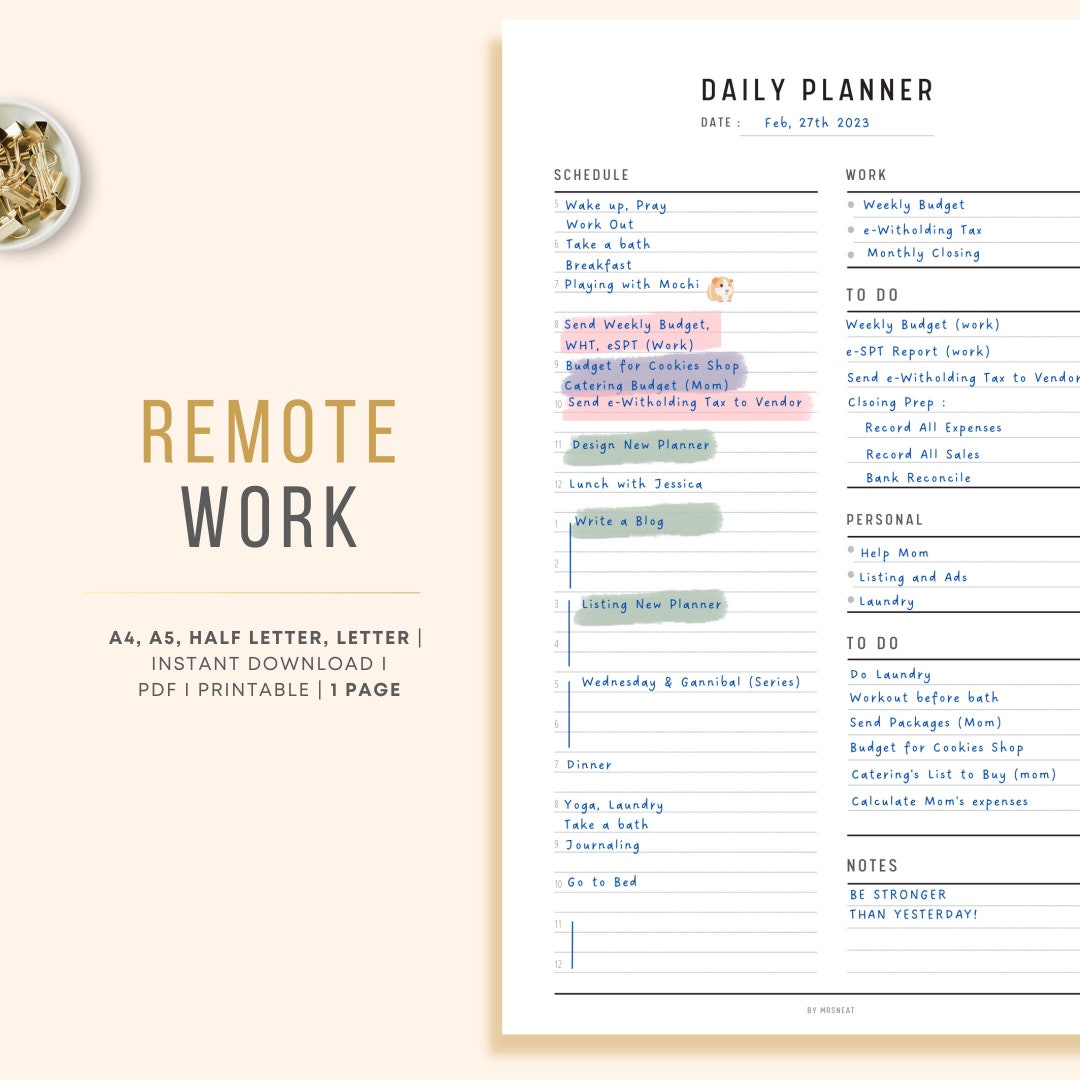 Fillable Work From Home Planner Printable, Work Schedule, Remote Work ...