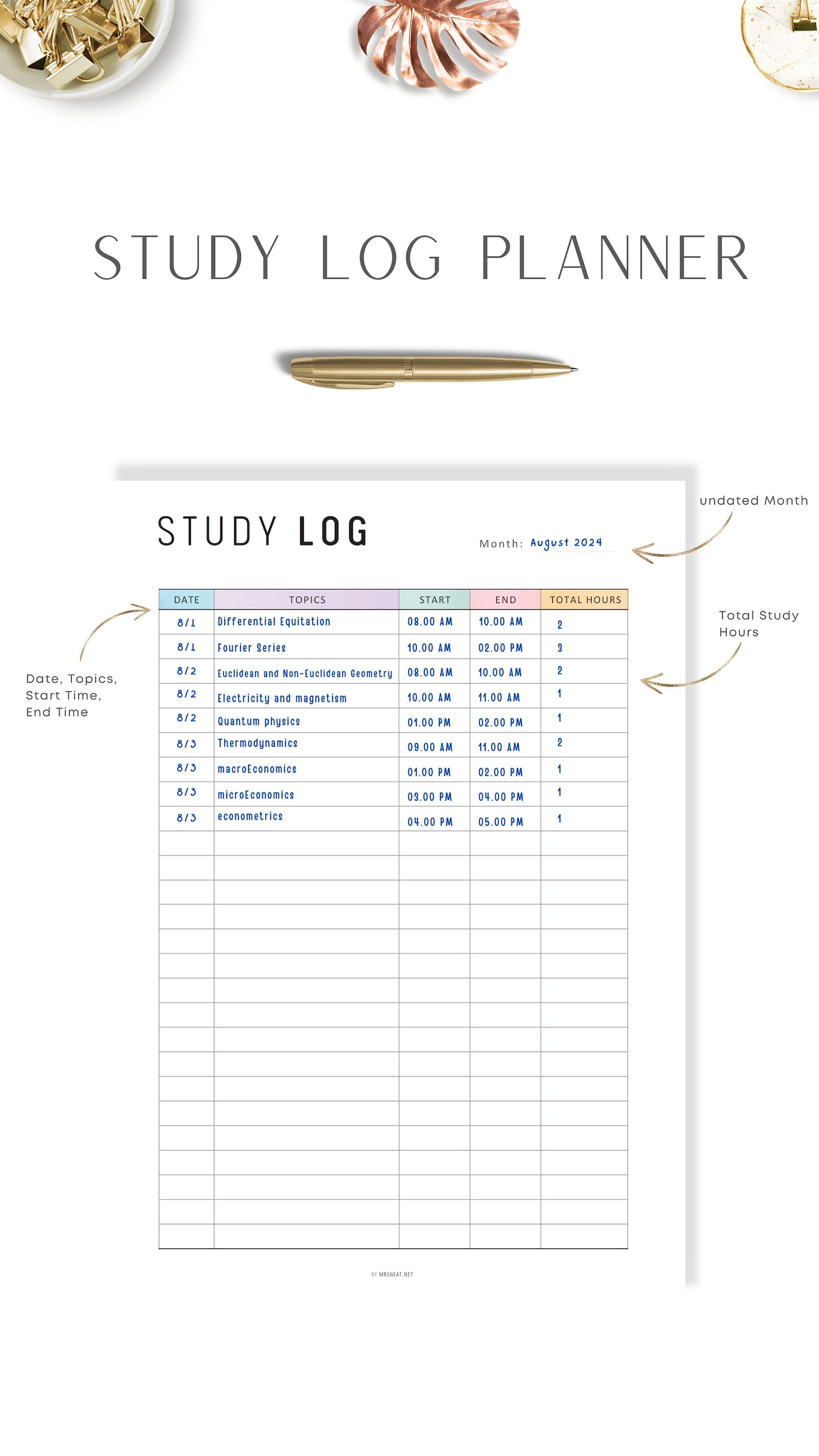 Study Log Printable, Monthly Study Tracker, Study Log Tracker, Fillable ...