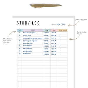 Study Log Printable, Monthly Study Tracker, Study Log Tracker, Fillable ...