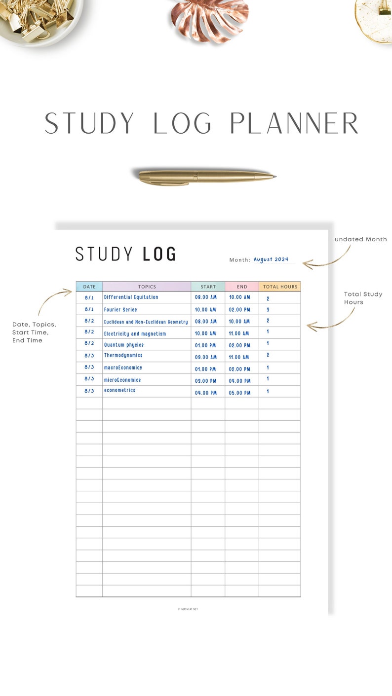 Study Log Printable, Monthly Study Tracker, Study Log Tracker, Fillable ...