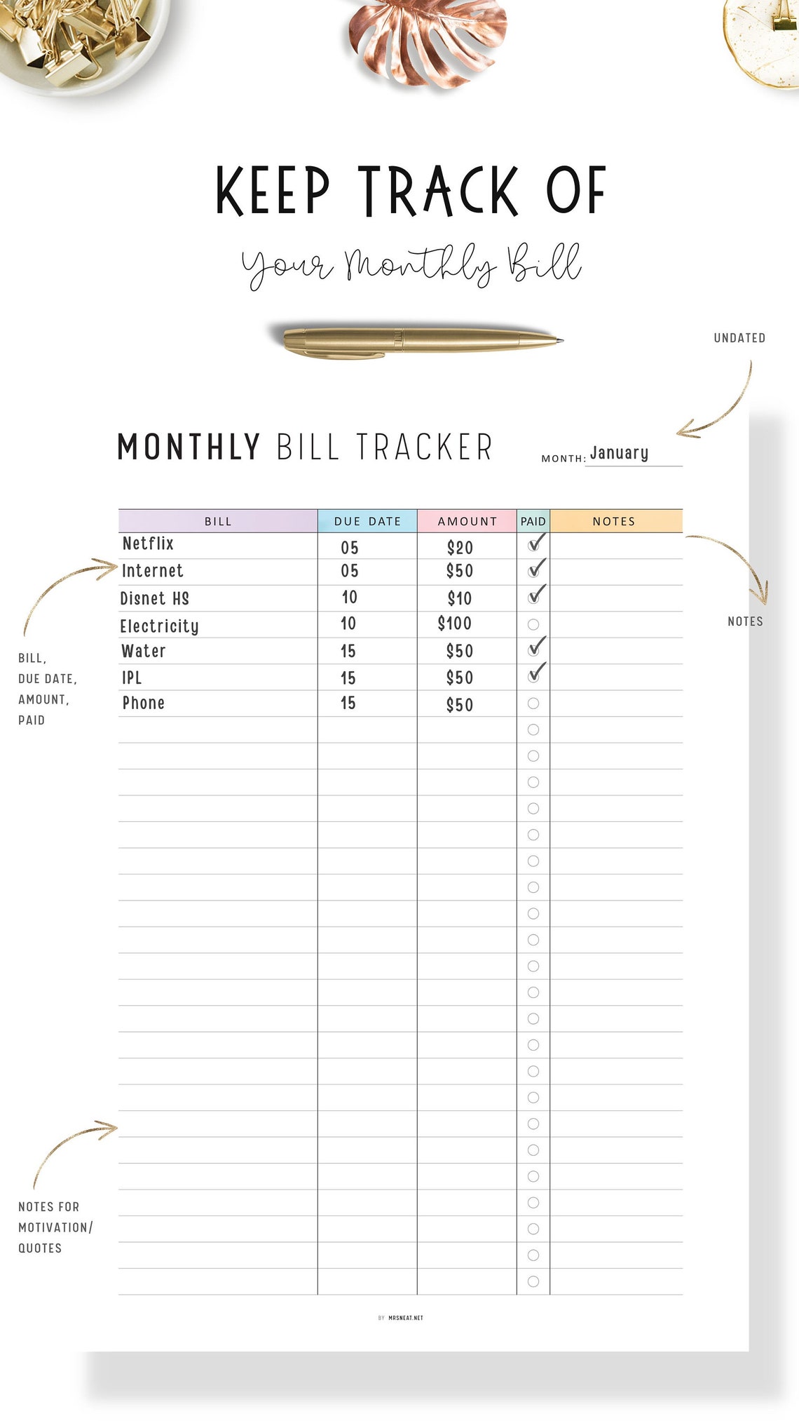 FILLABLE Monthly Bill Tracker PRINTABLE: Payment Checklist, PDF (A4, A5 ...