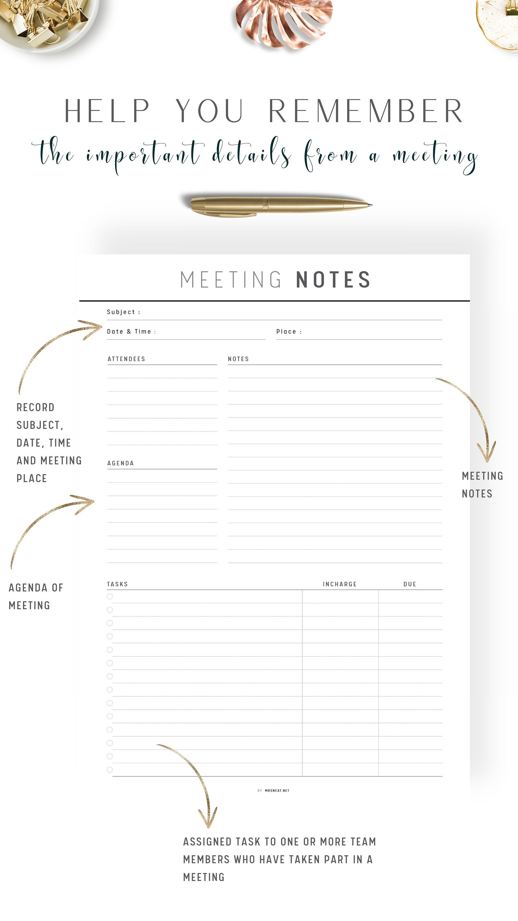 Printable Meeting Notes Template, Meeting Notes Page, PDF, A4, A5 ...