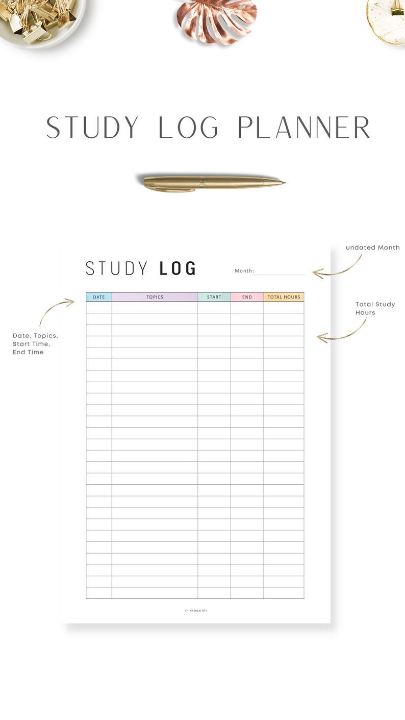 Study Log Printable, Monthly Study Tracker, Study Log Tracker, Fillable ...