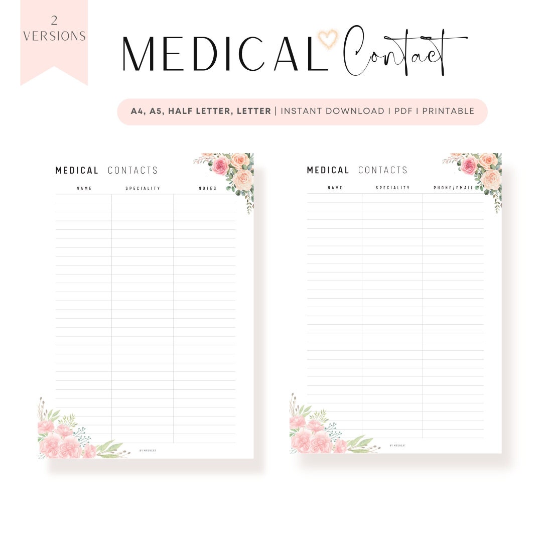 Floral Fillable Medical Contact List Template, Medical Log, Medical ...