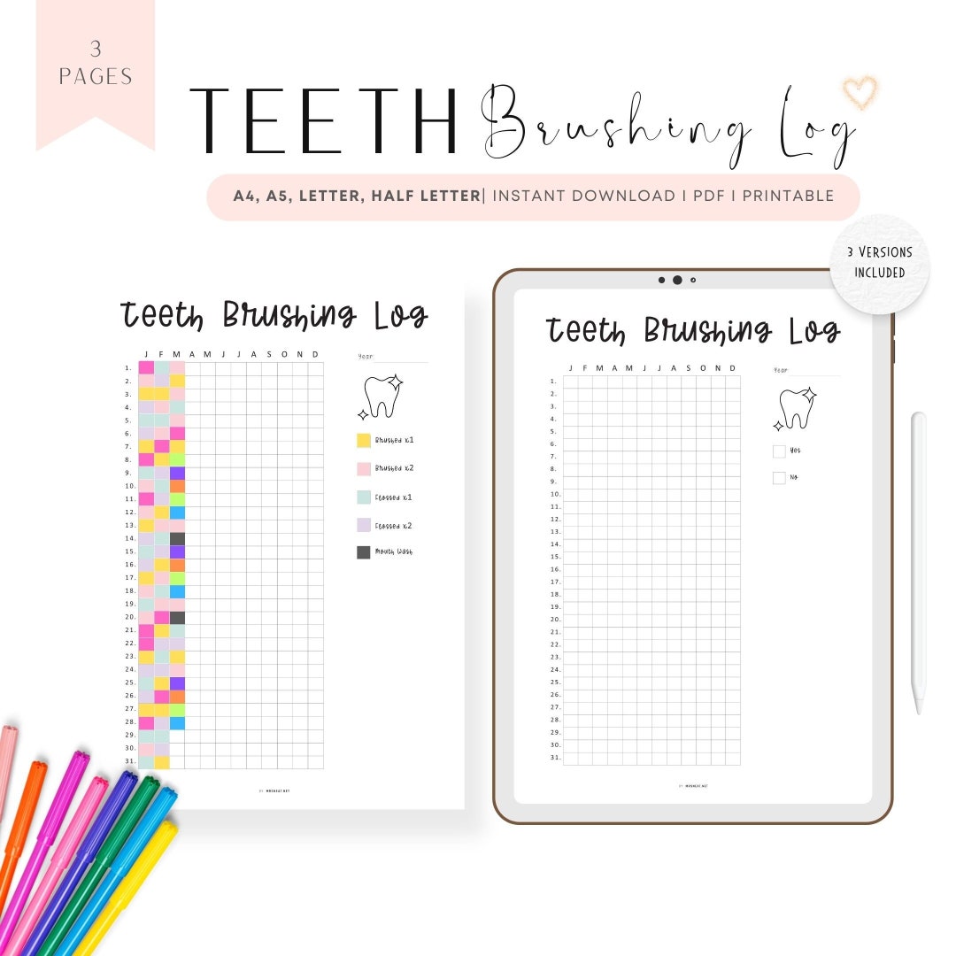 Teeth Brushing Tracker Printable, One Year Teeth Brushing Log, Daily ...