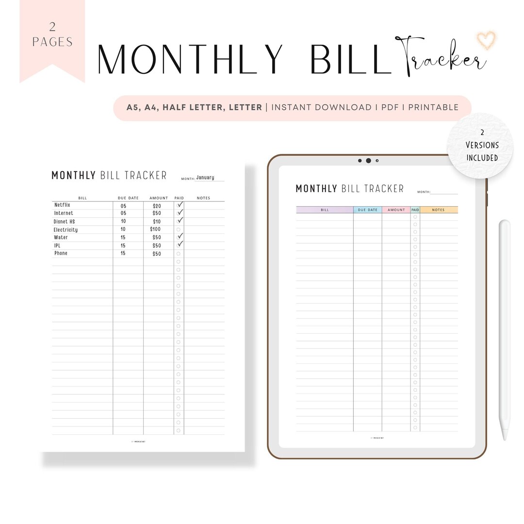 FILLABLE Monthly Bill Tracker PRINTABLE: Payment Checklist, PDF (A4, A5 ...