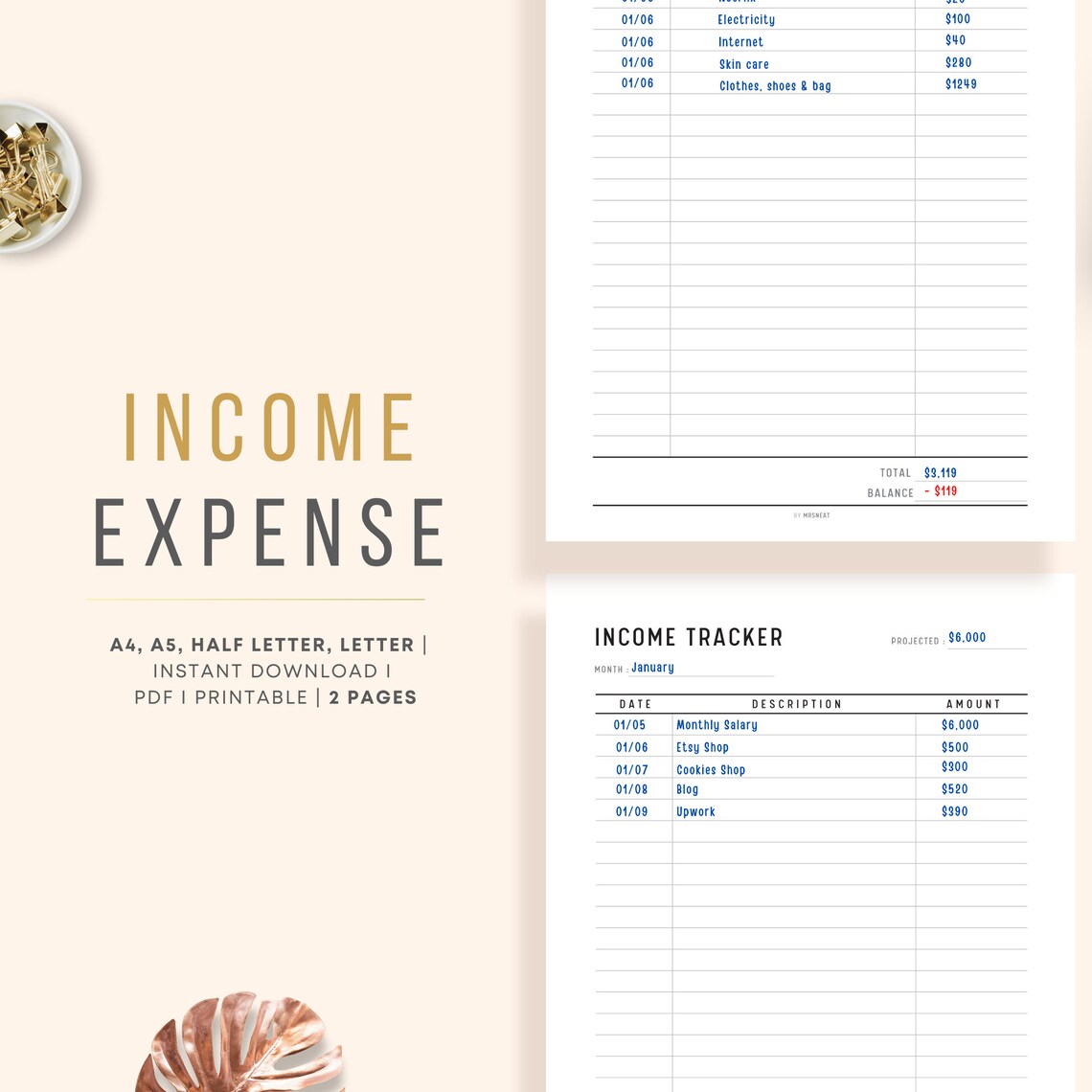 Income Expenses Tracker Printable for Personal and Small - Etsy