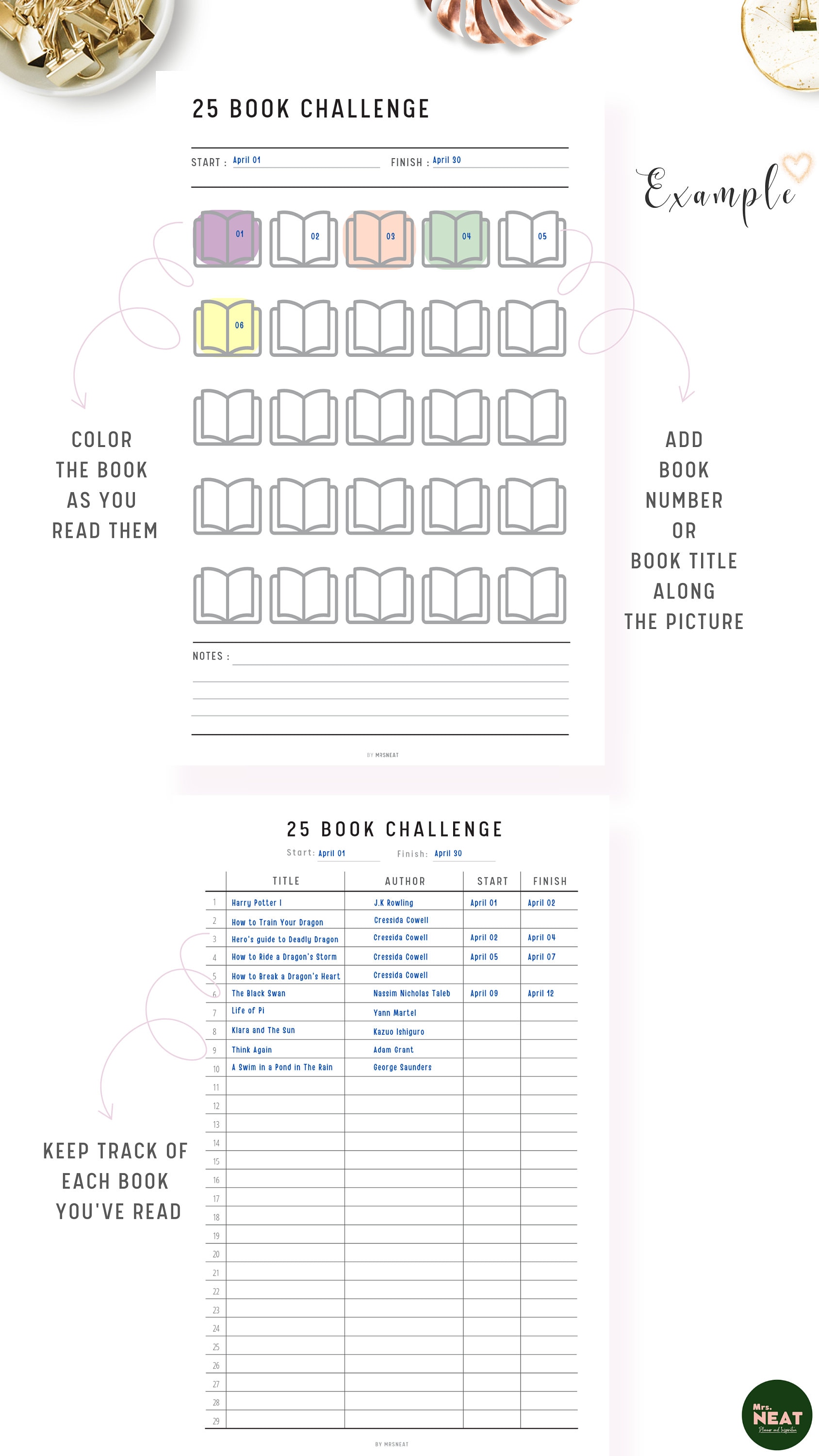 Book Challenge Printable 100 50 30 Book Challenge 25 Book - Etsy