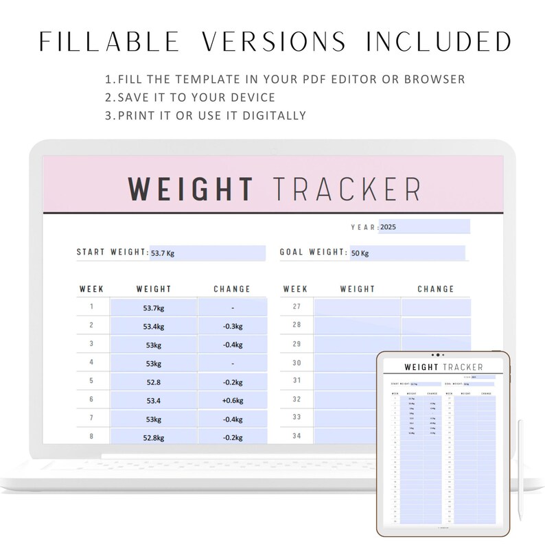 52 Week Weight Tracker Printable, Weight Loss Tracker Template ...