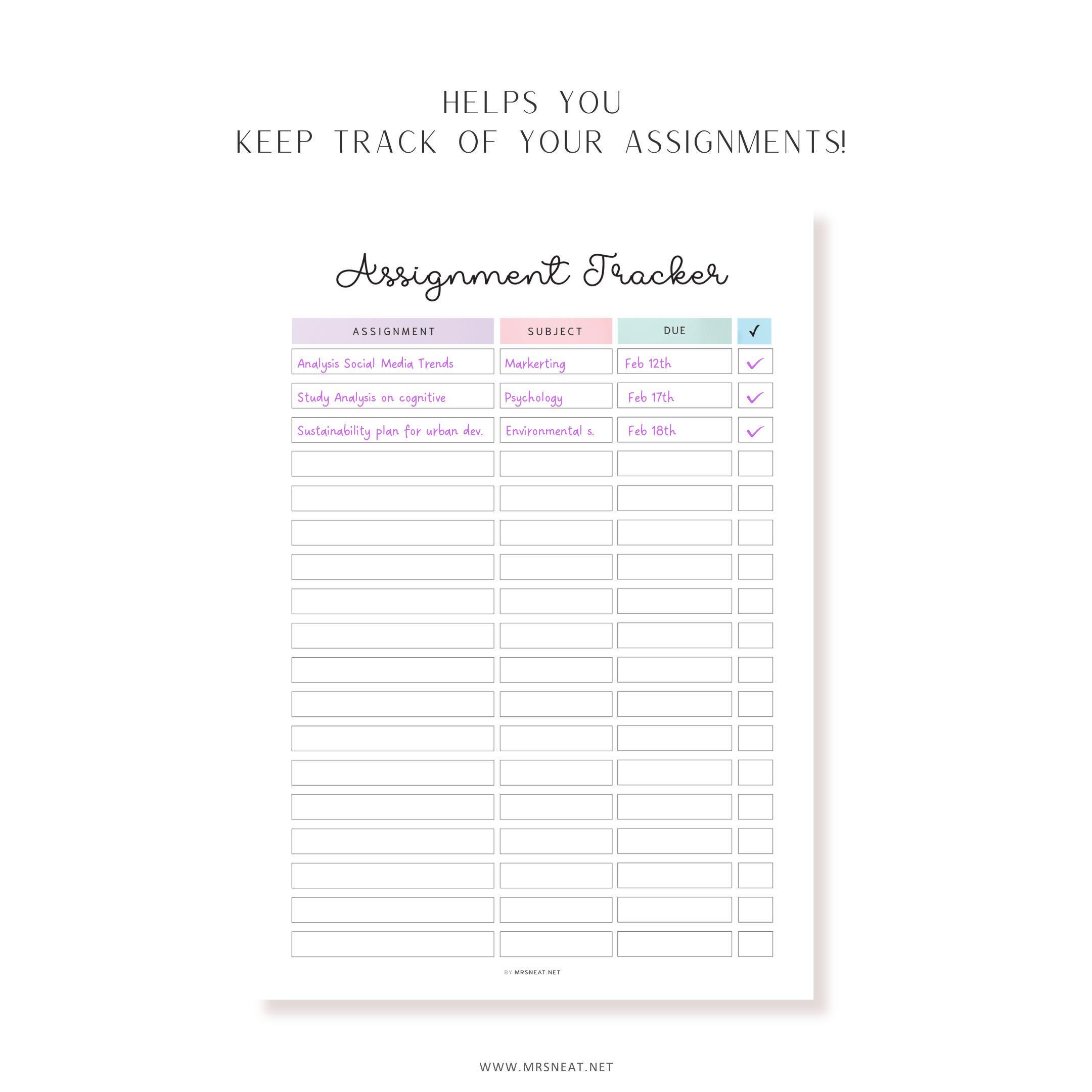 Fillable Assignment Tracker Printable, Student Journal, Student Planner ...