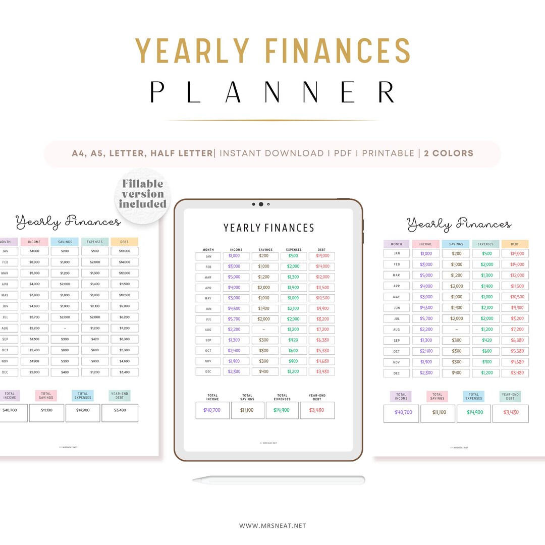 FILLABLE Yearly Finance Tracker Template: Money Management Planner, 2 ...