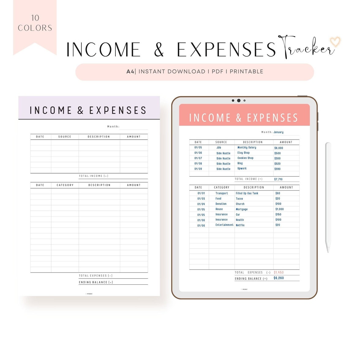 Income and Expense Tracker Template Printable, Income and Expenses in ...