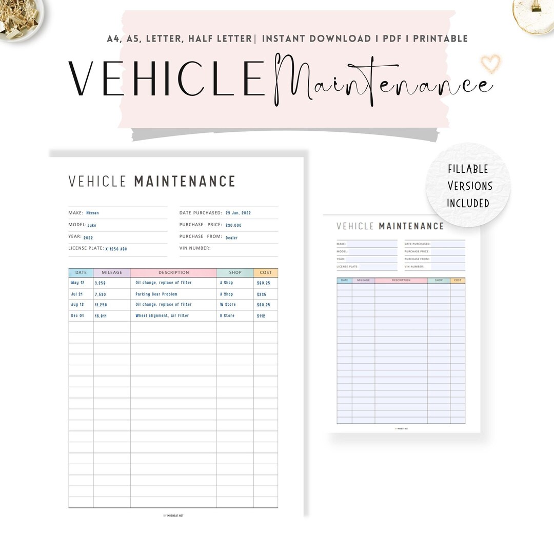 FILLABLE Vehicle Maintenance Log: Colorful Car Service Record PRINTABLE ...