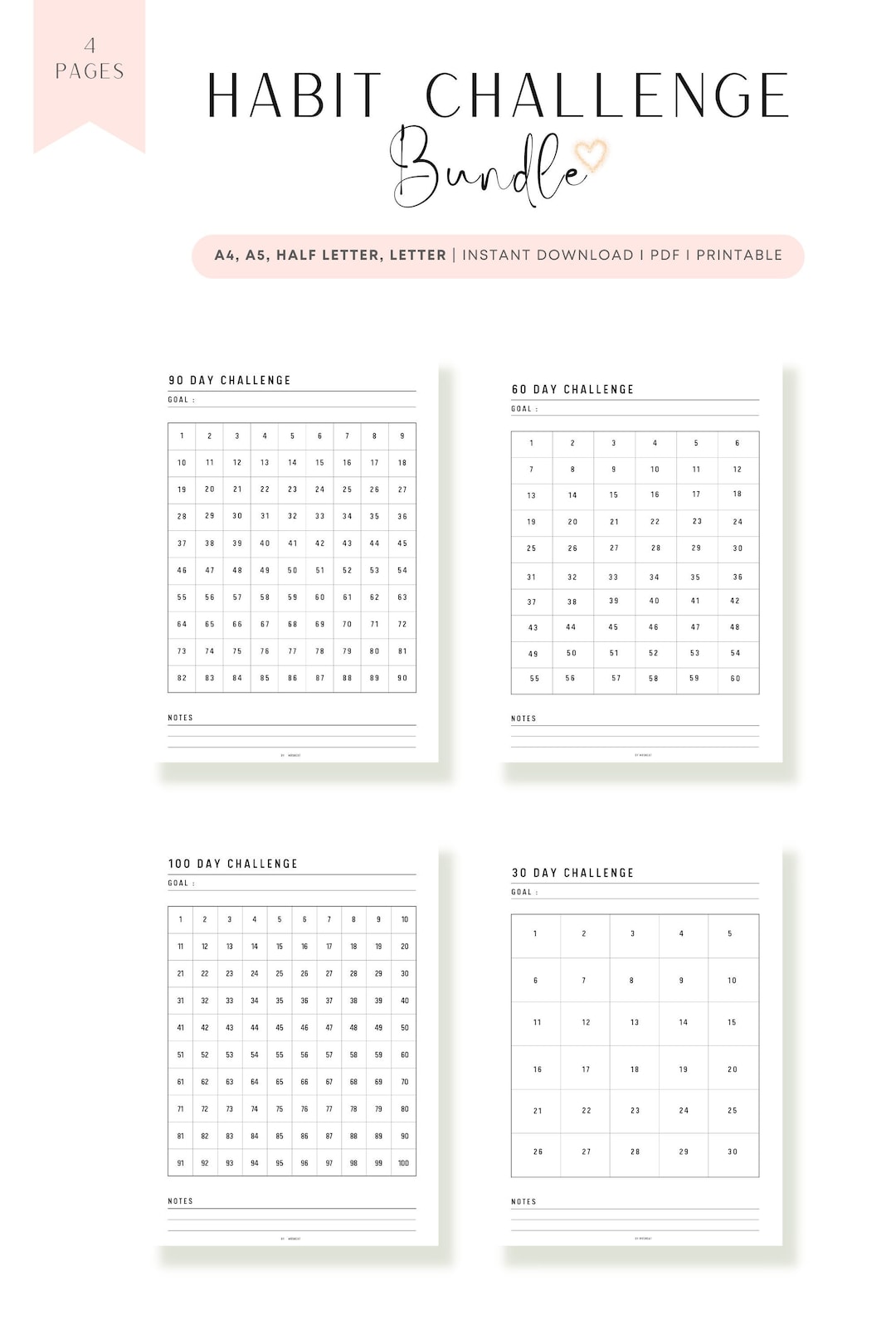 30, 60, 90 and 100 Day Habit Tracker, Habit Challenge Printable, PDF ...