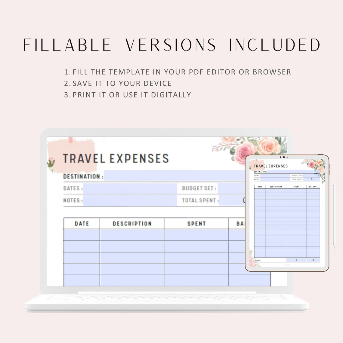 Floral Travel Expenses Tracker Printable, Vacation Tracker, Travel ...