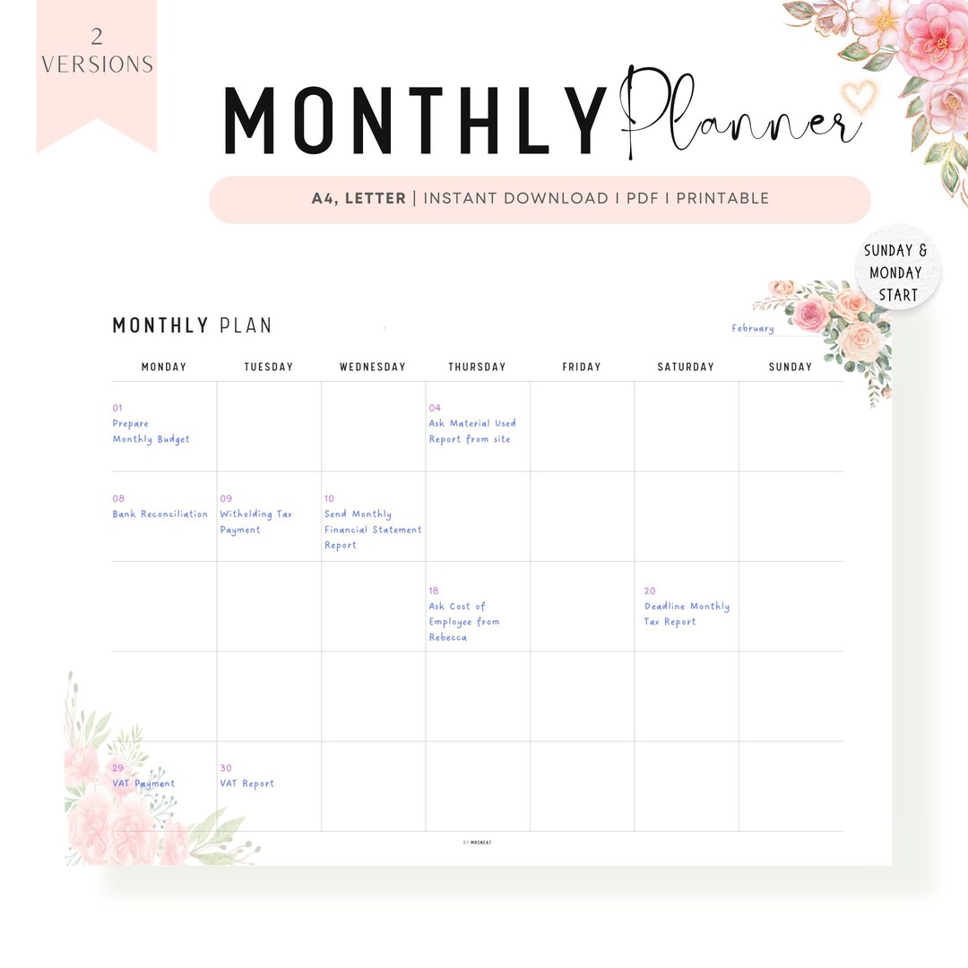 Undated Editable Monthly Planner Printable Landscape, Floral Theme ...