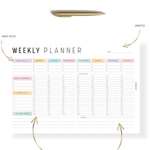 Colorful Weekly Hourly Planner Template, Editable Weekly Schedule ...