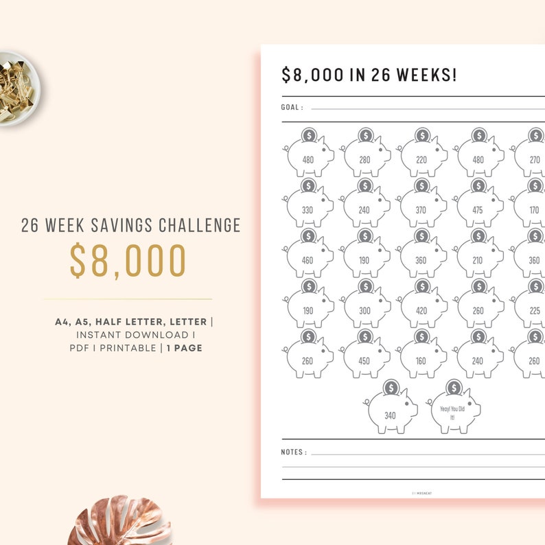 8000 Savings Challenge in 26 Weeks, Saving 8000 in 6 Months for Retirement, 26 Weeks Money ...