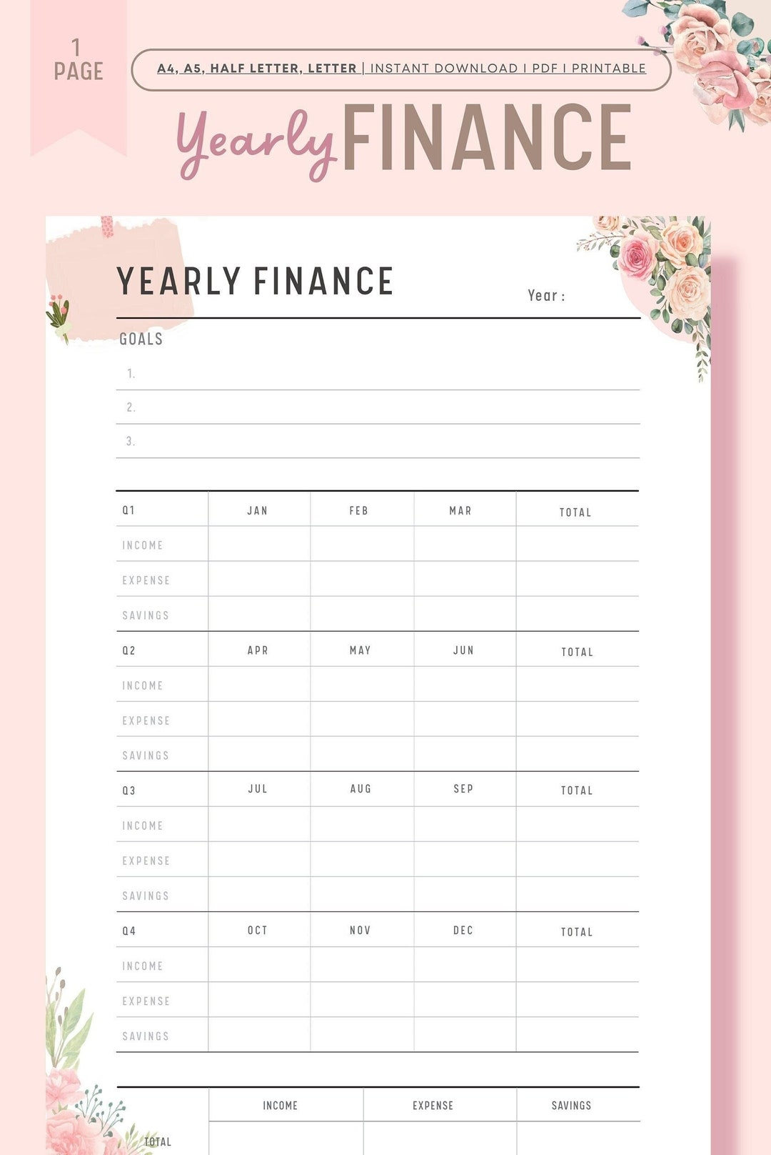 Yearly Financial Planner Printable, Yearly Financial Goals, Quarterly ...
