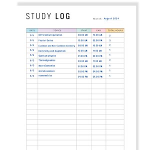 Study Log Printable, Monthly Study Tracker, Study Log Tracker, Fillable ...