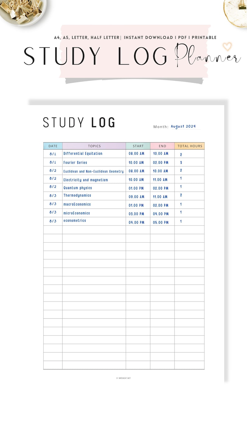 Study Log Printable, Monthly Study Tracker, Study Log Tracker, Fillable ...